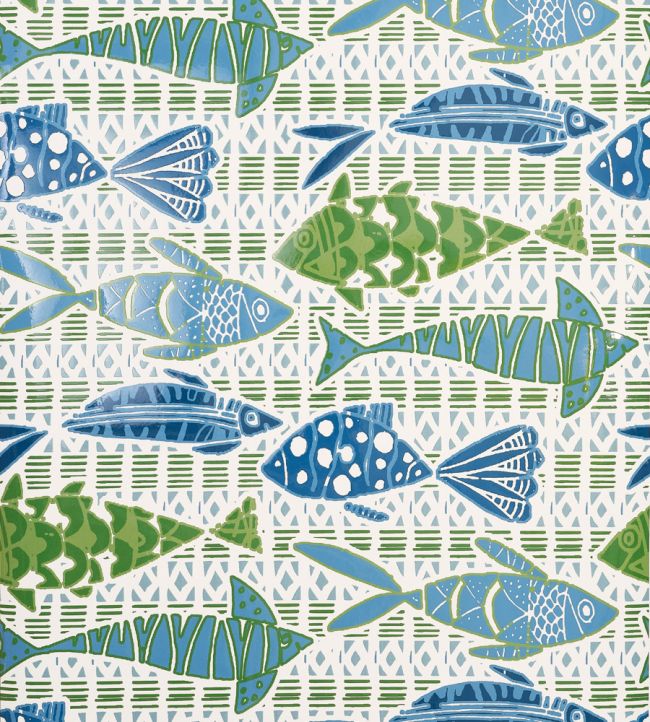 Batik Fish Wallpaper in Blue and Green by Thibaut | Jane Clayton