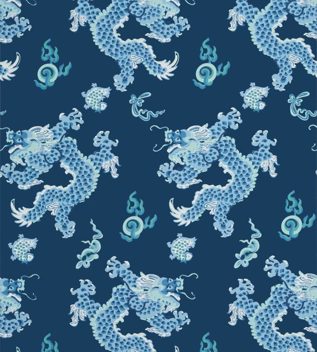 Dragon Dance Wallpaper in Navy by Anna French | Jane Clayton