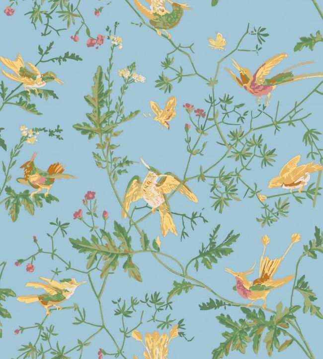 Hummingbirds Wallpaper in Buttercup Yellow on Cornflower Blue by Cole ...