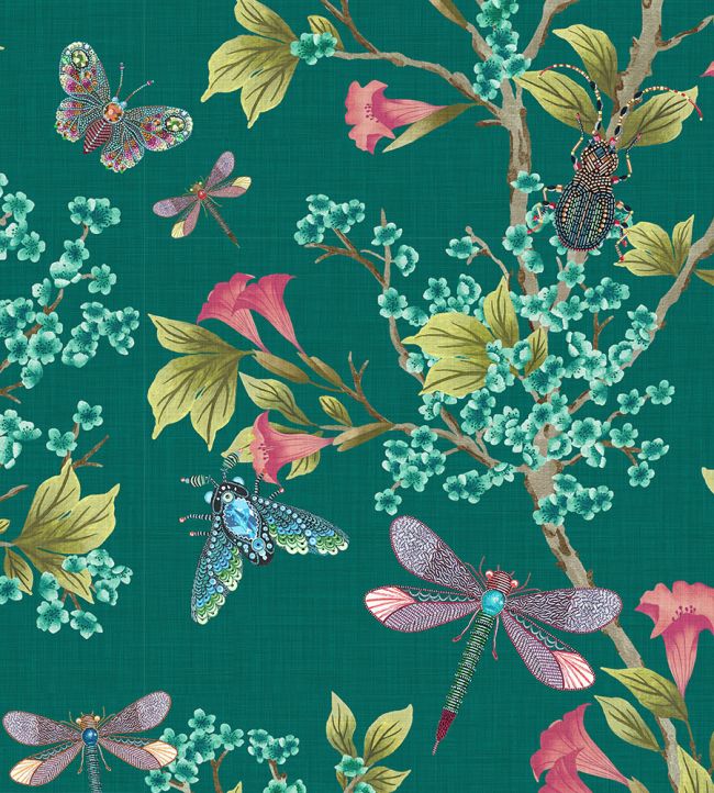 Jewel A Flutter Wallpaper in Teal & Coral by Brand McKenzie | Jane Clayton