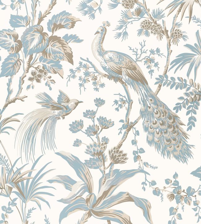 Peacock Toile Wallpaper in Soft Blue & Beige by Anna French | Jane Clayton
