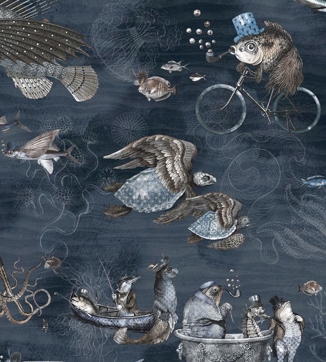Sea Life Wallpaper in Navy by Brand McKenzie | Jane Clayton