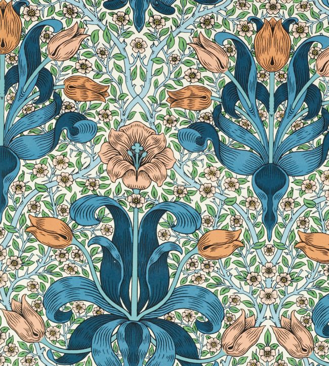 Spring Thicket Fabric in Paradise Blue/Peach by Morris & Co | Jane Clayton